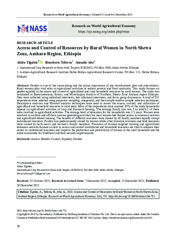 (PDF) Access and Control of Resources by Rural Women in North Shewa ...