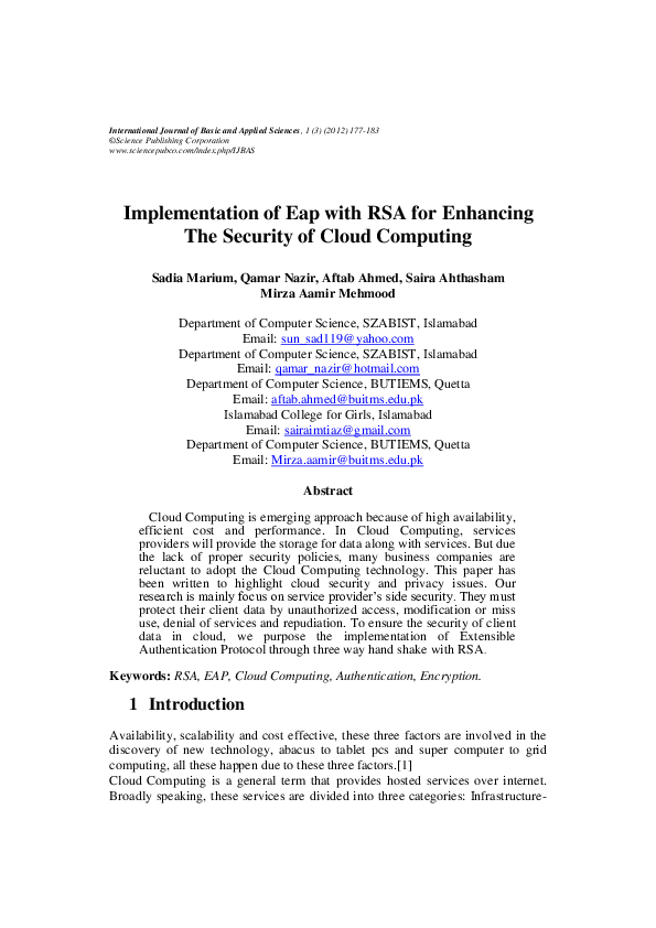 (PDF) Implementation of Eap with RSA for Enhancing The Security of Cloud Computing