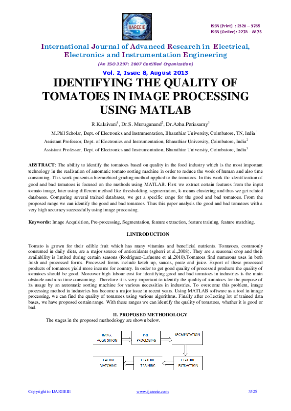 Pdf Identifying The Quality Of Tomatoes In Image Processing Using Matlab