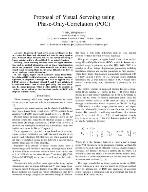 Pdf Proposal Of Visual Servoing Using Phase Only Correlation Poc
