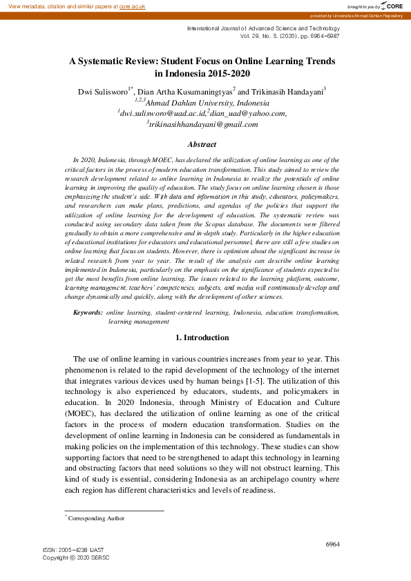 (PDF) A Systematic Review: Student Focus on Online Learning Trends in Indonesia 2015-2020