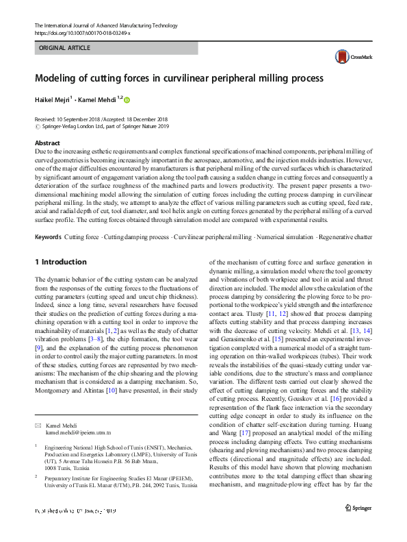 (PDF) Modeling of cutting forces in curvilinear peripheral milling process