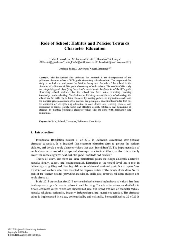 (PDF) Role of School: Habitus and Policies Towards Character Education