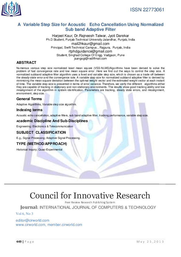 (PDF) A Variable Step Size for Acoustic Echo Cancellation Using ...
