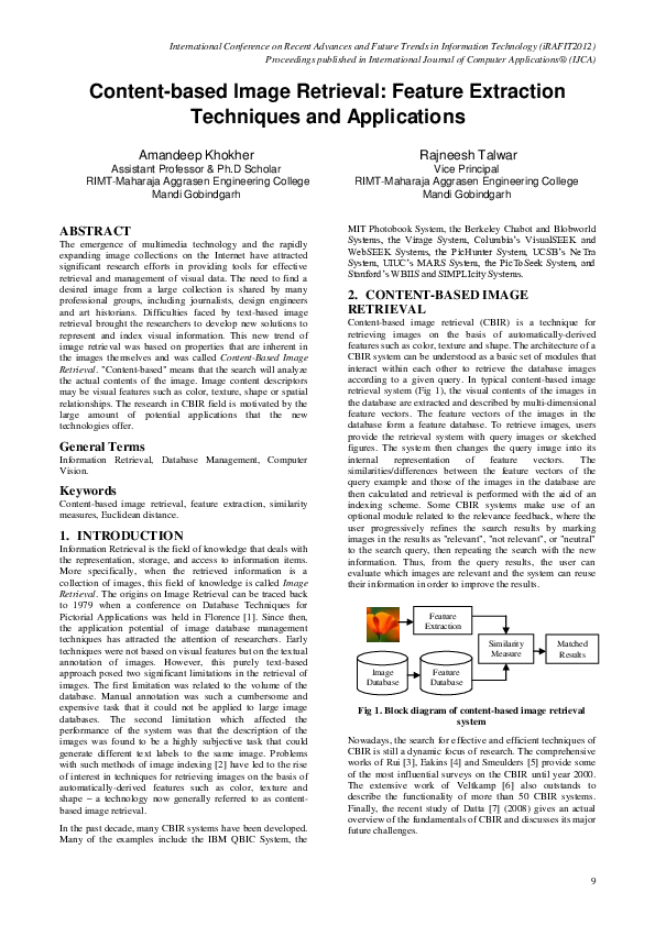 Pdf Content Based Image Retrieval Feature Extraction Techniques And Applications