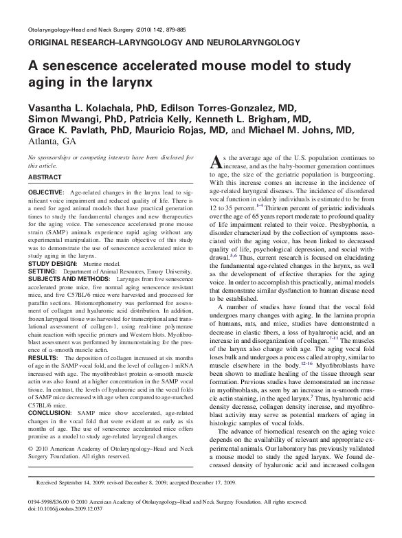 (PDF) A senescence accelerated mouse model to study aging in the larynx ...