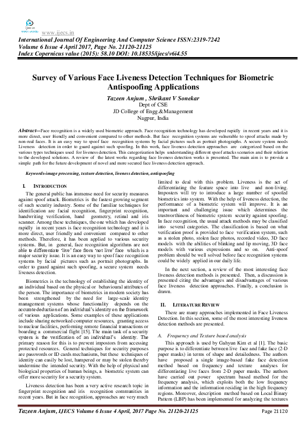 Pdf Survey Of Various Face Liveness Detection Techniques For