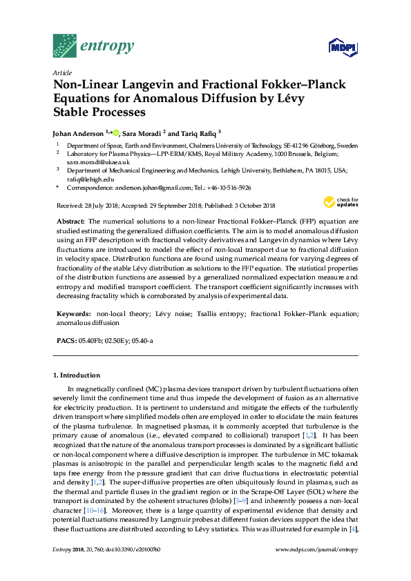 Pdf Non Linear Langevin And Fractional Fokker Planck Equations For Anomalous Diffusion By Lévy