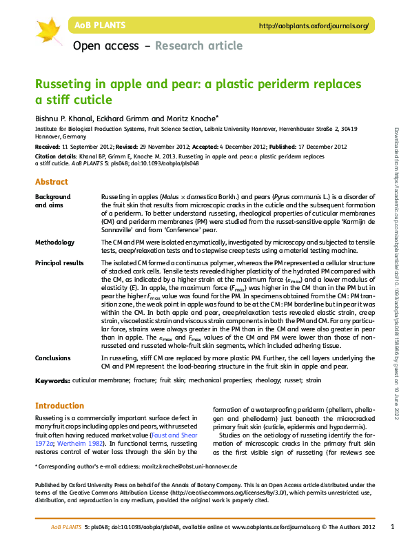 (PDF) Russeting in apple and pear: a plastic periderm replaces a stiff ...