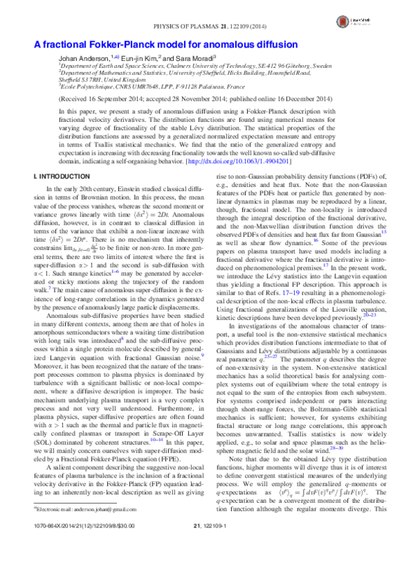 (PDF) A fractional Fokker-Planck model for anomalous diffusion
