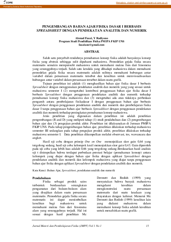 (PDF) Pengembangan Bahan Ajar Fisika Dasar I Berbasis Spreadsheet Dengan Pendekatan Analitik Dan ...