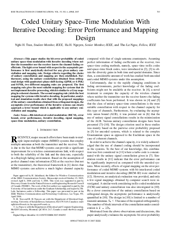 (PDF) Coded Unitary Space–Time Modulation With Iterative Decoding ...