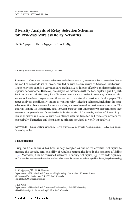 (PDF) Diversity Analysis of Relay Selection Schemes for Two-Way Wireless Relay Networks
