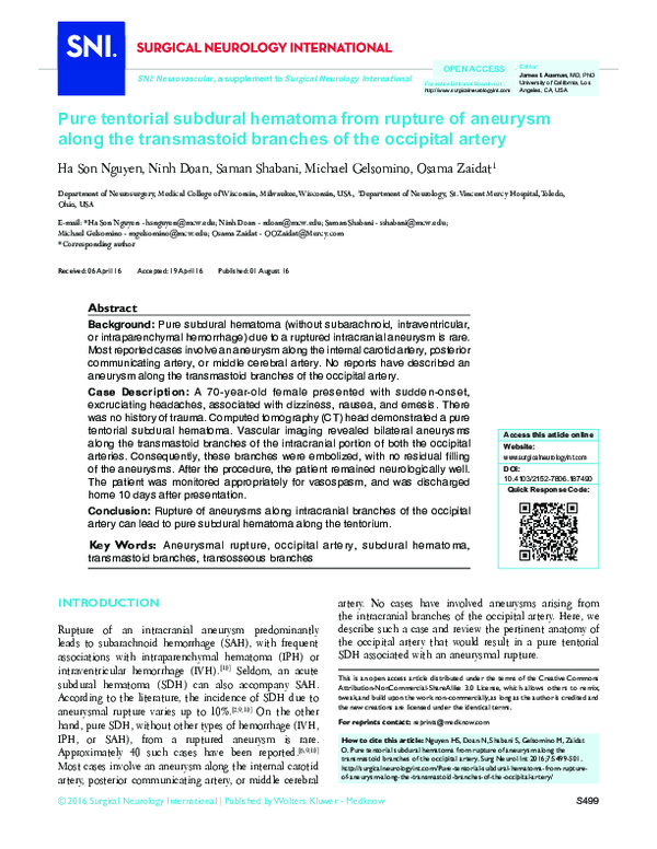 (PDF) Pure tentorial subdural hematoma from rupture of aneurysm along ...