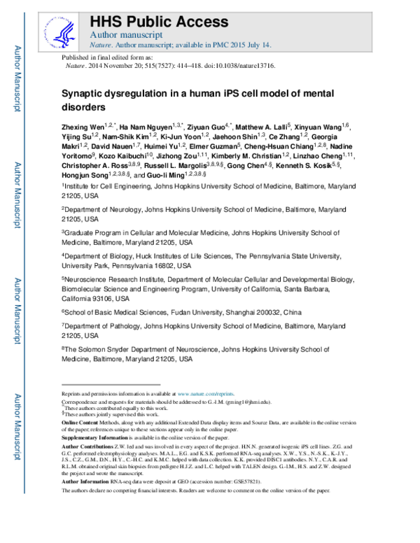 (PDF) Synaptic dysregulation in a human iPS cell model of mental disorders