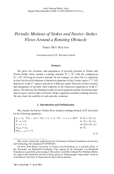 (PDF) Periodic Motions of Stokes and Navier–Stokes Flows Around a Rotating Obstacle
