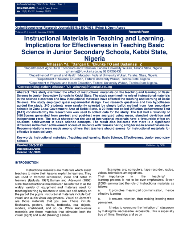 (PDF) Instructional Materials in Teaching and Learning. Implications ...