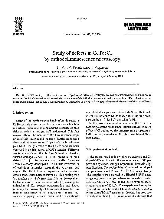 (PDF) Study of defects in CdTe: Cl by cathodoluminescence microscopy