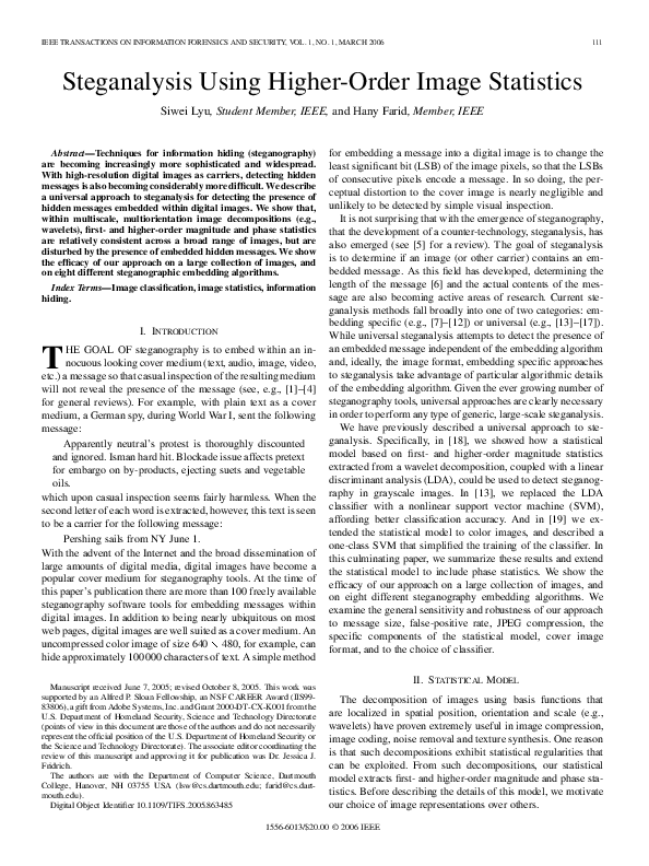 (PDF) Steganalysis Using Higher-Order Image Statistics