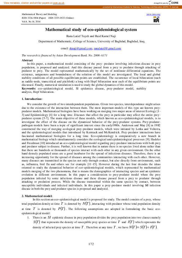 (PDF) Mathematical study of eco-epidemiological system | Kamel Naji - Academia.edu