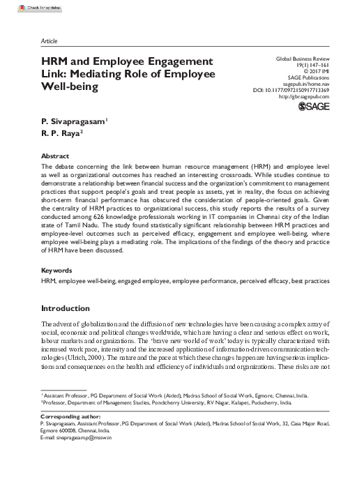 Pdf Hrm And Employee Engagement Link Mediating Role Of Employee Well Being