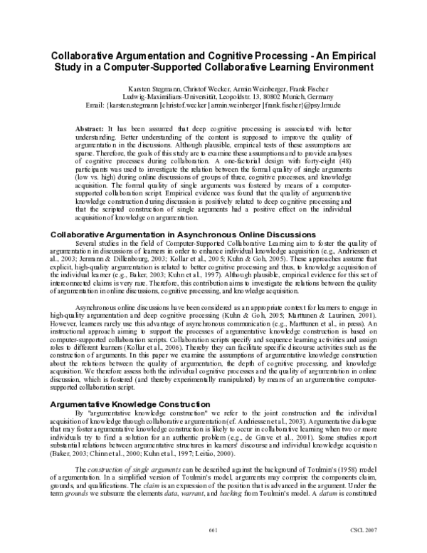 (PDF) Collaborative argumentation and cognitive processing | Karsten Stegmann - Academia.edu