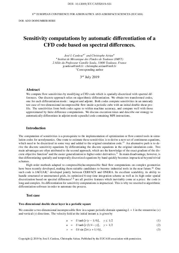 (PDF) Sensitivity computations by automatic differentiation of a CFD code based on spectral ...