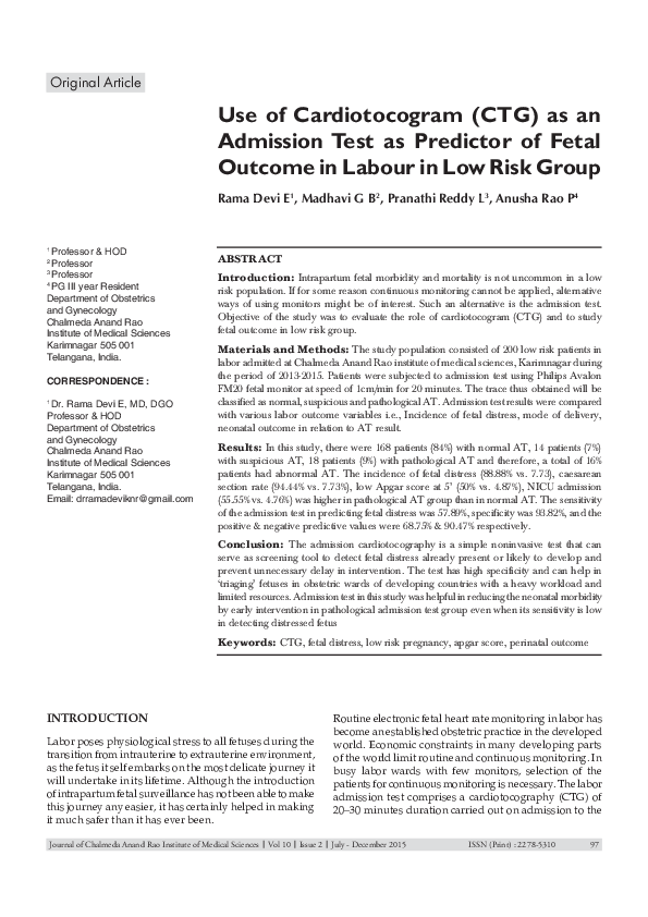 (PDF) Use of Cardiotocogram ( CTG ) as an Admission Test as Predictor ...