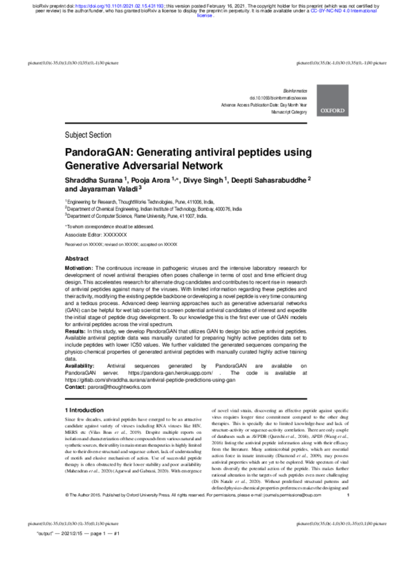 (PDF) PandoraGAN: Generating antiviral peptides using Generative Adversarial Network