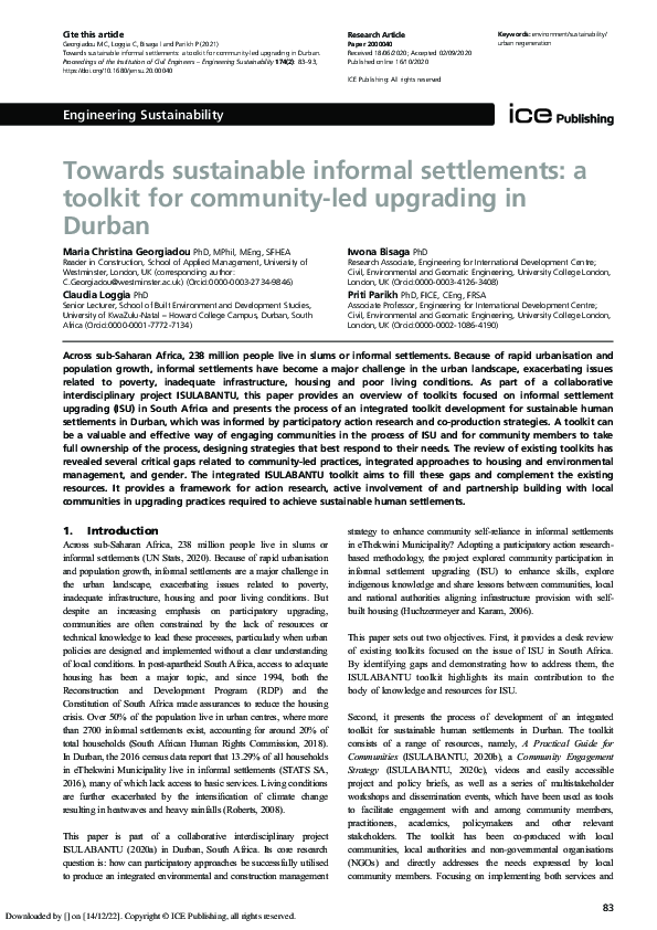 (PDF) Towards sustainable informal settlements: a toolkit for community-led upgrading in Durban