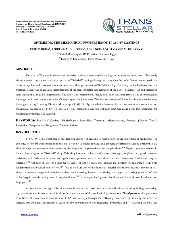 (PDF) Optimizing the Mechanical Properties of TI-6AL-4V Castings