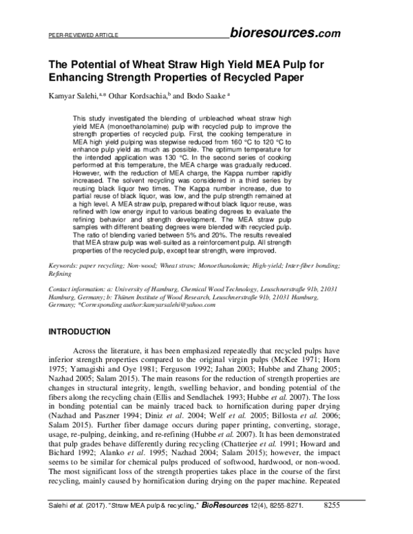 (PDF) The Potential of Wheat Straw High Yield MEA Pulp for Enhancing ...
