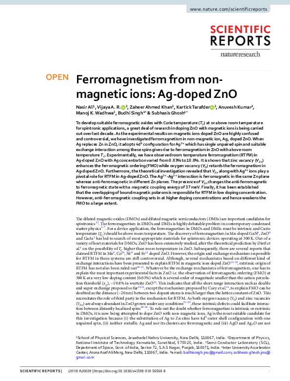 (PDF) Ferromagnetism from non-magnetic ions: Ag-doped ZnO