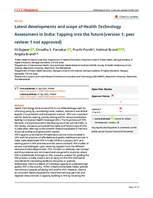(PDF) Scope and Future of Health Technology Assessment in India