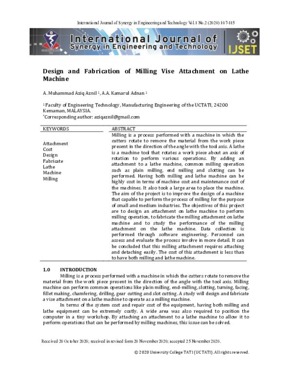 (PDF) Design and Fabrication of Milling Vise Attachment on Lathe Machine