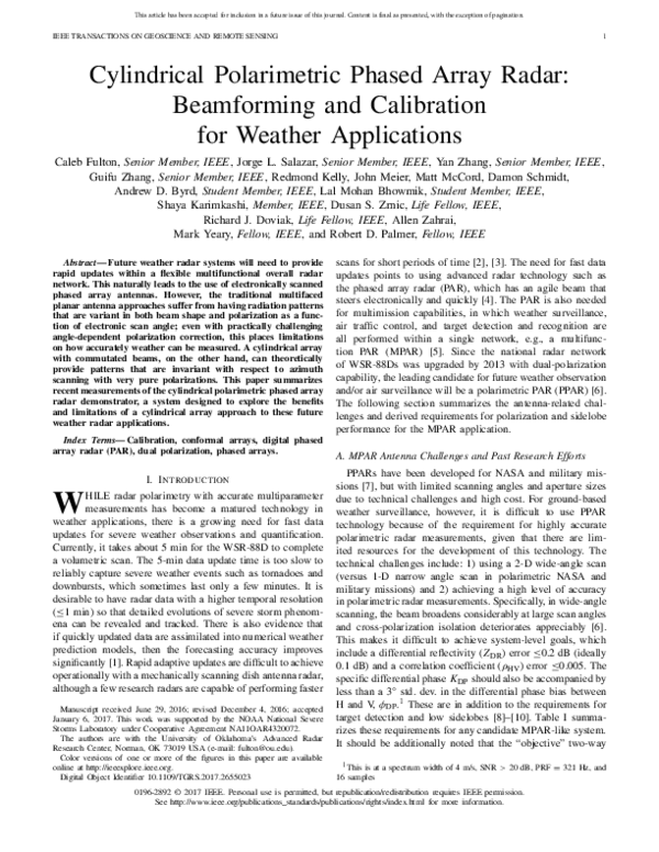 Pdf Cylindrical Polarimetric Phased Array Radar Beamforming And Calibration For Weather