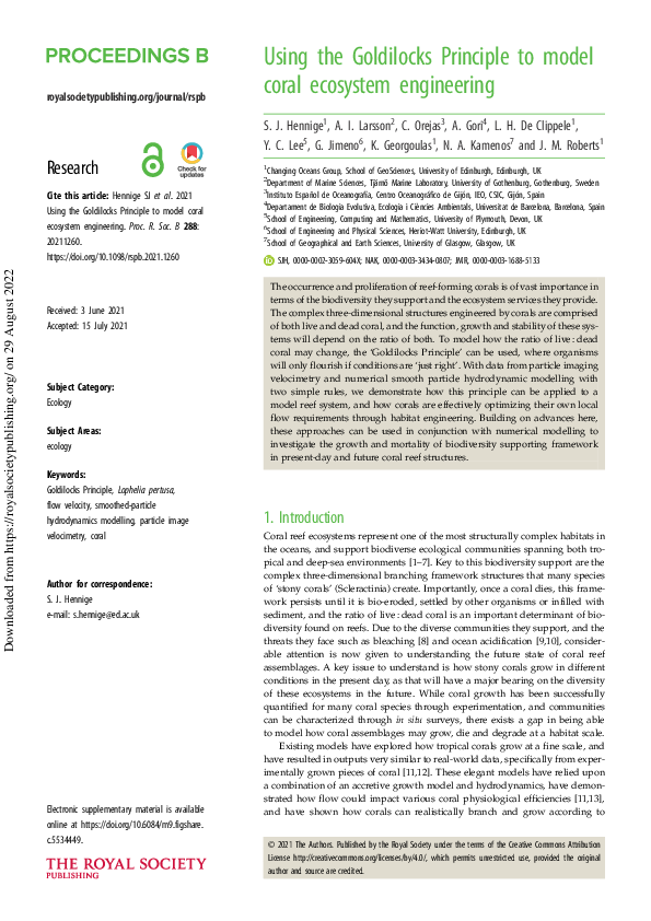 (PDF) Using the Goldilocks Principle to model coral ecosystem engineering | Laurence De Clippele ...