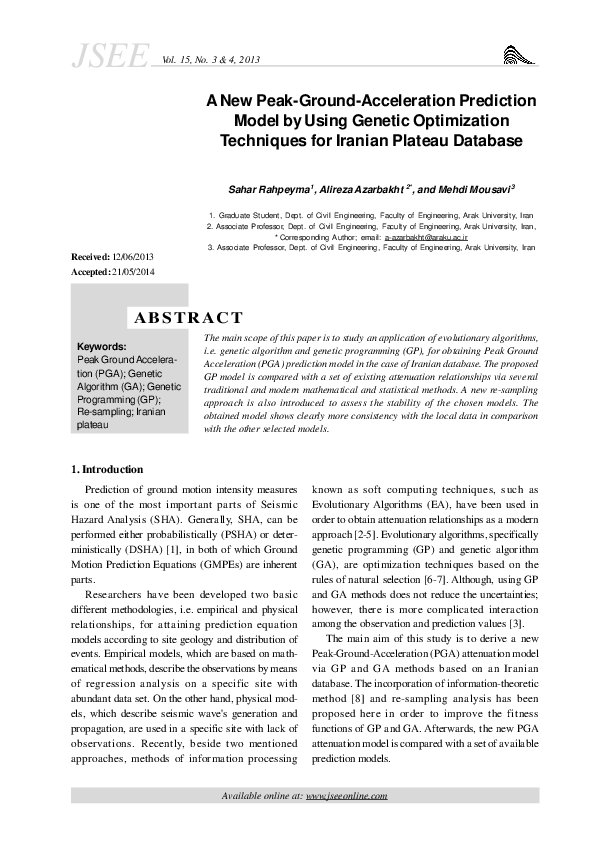 (PDF) A new Peak-Ground-Acceleration prediction model by using genetic optimization techniques ...
