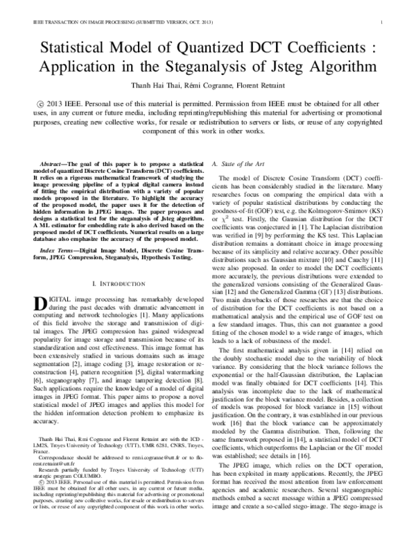 (PDF) Statistical Model of Quantized DCT Coefficients: Application in the Steganalysis of Jsteg ...