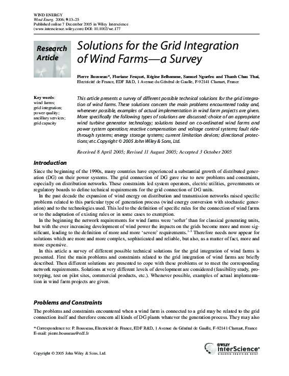 (PDF) Solutions for the grid integration of wind farms—a survey