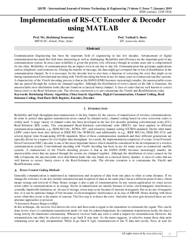 (PDF) Implementation of RS-CC Encoder and Decoder using MATLAB