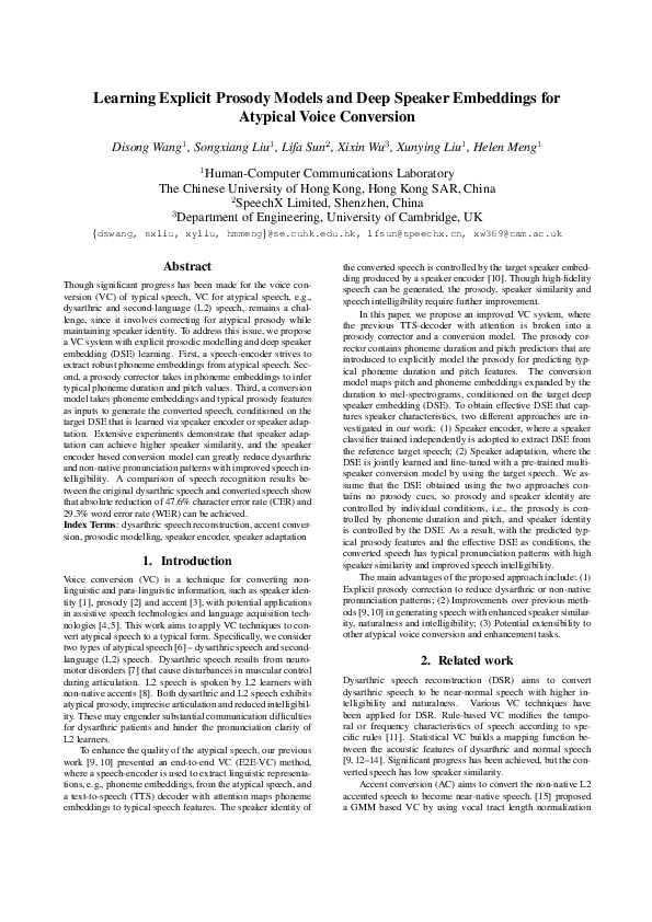 Pdf Learning Explicit Prosody Models And Deep Speaker Embeddings For Atypical Voice Conversion 
