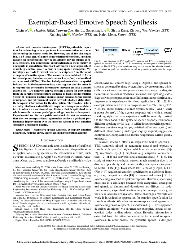 (PDF) Exemplar-Based Emotive Speech Synthesis