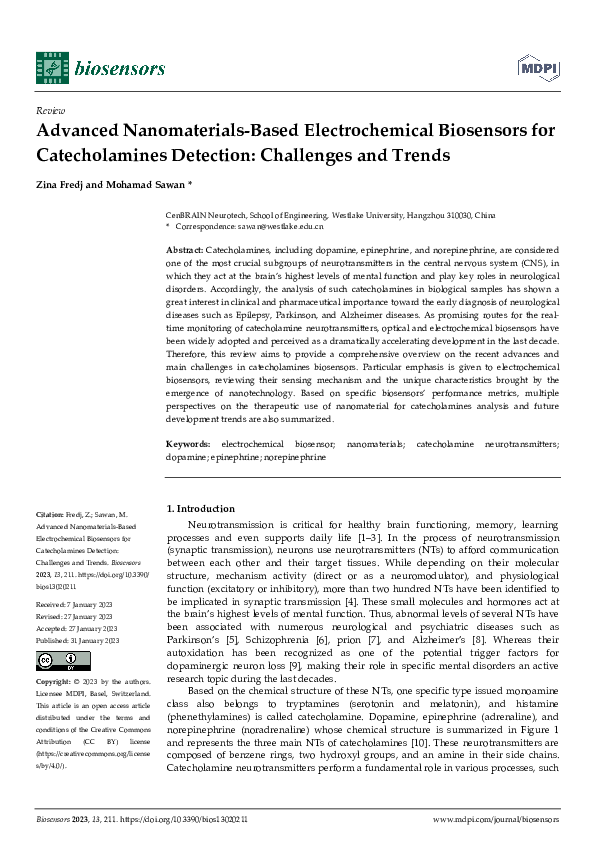 (PDF) Advanced Nanomaterials-Based Electrochemical Biosensors for Catecholamines Detection ...