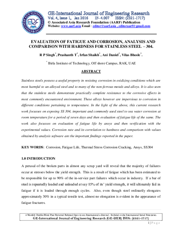 (PDF) Evaluation of Fatigue and Corrosion, Analysis and Comparison with Hardness for Stainless ...