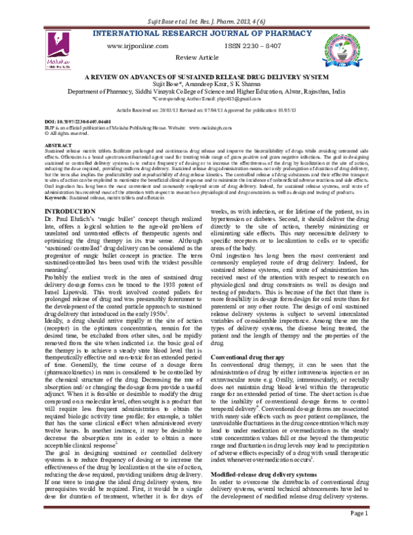 Pdf A Review On Advances Of Sustained Release Drug Delivery System