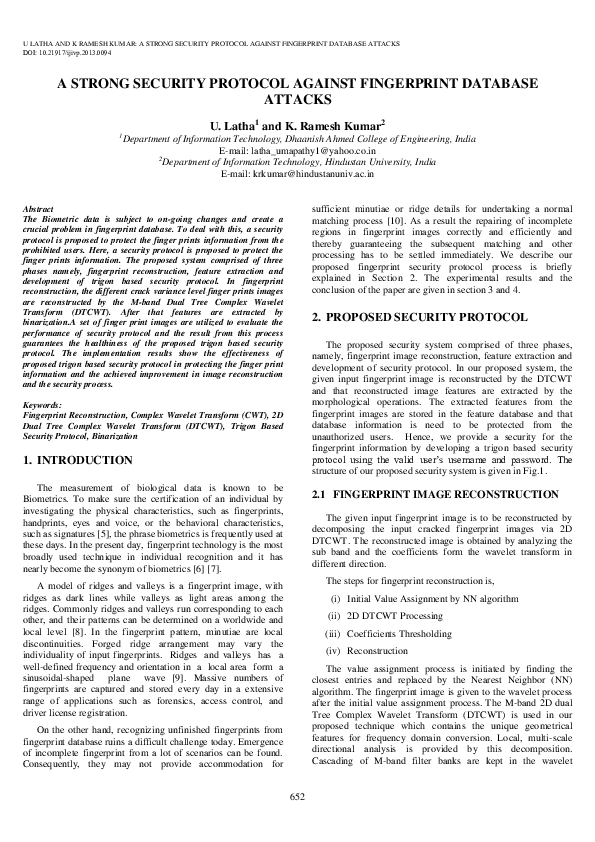 Pdf A Strong Security Protocol Against Fingerprint Database Attacks