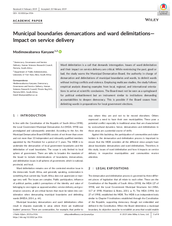 (PDF) Municipal boundaries demarcations and ward delimitations—Impact ...