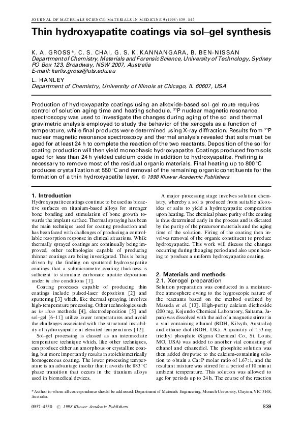 (PDF) Thin hydroxyapatite coatings via sol–gel synthesis