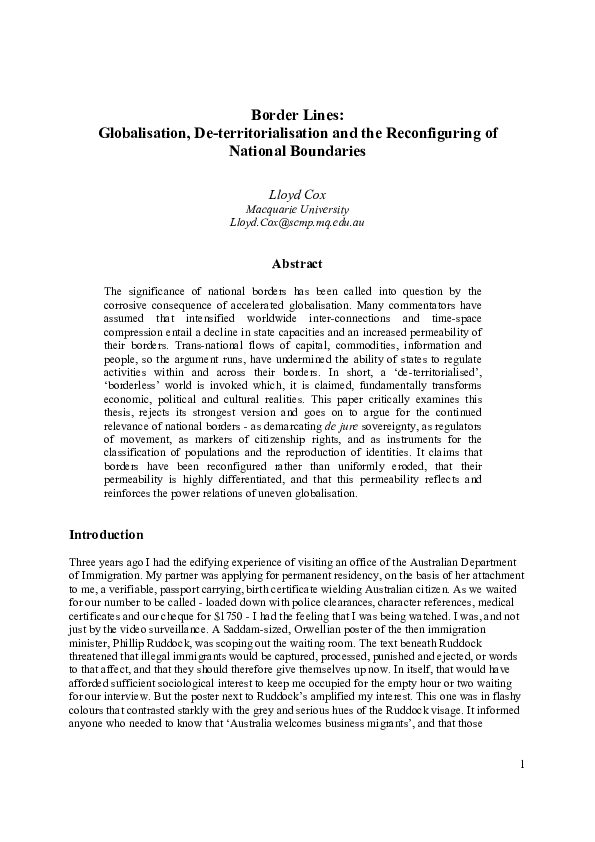 (PDF) Border lines : globalisation, de-territorialisation and the ...